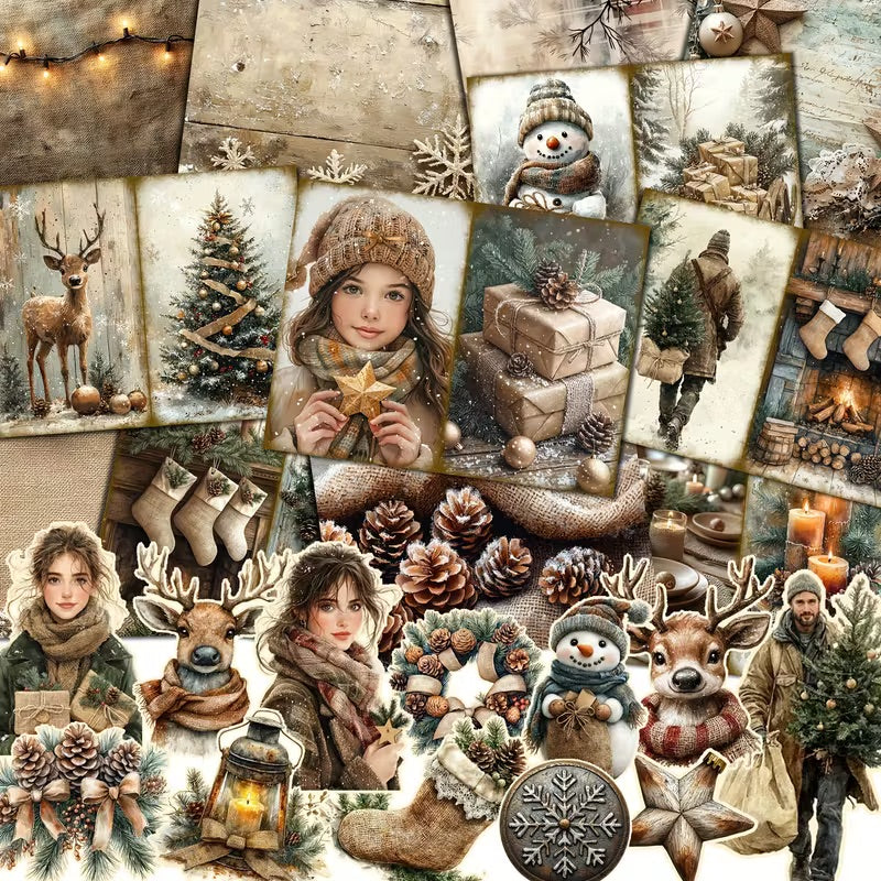 62 Pcs Rustic Christmas Paper & Sticker Set – Scrapbook & Journal